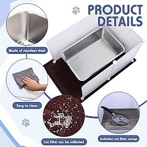 Pinkunn 2 Set Stainless Steel Cats Litter Box Large Metal Litter Box with 2 Cat Litter Scoop, 12 Litter Splash and 2 Cat Litter Mat, Never Absorbs Odor (Brown,23.6 x 15.7 x 7.9 Inch)