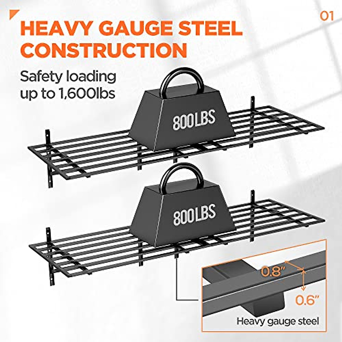 ORASANT 2-Pack 6x2FT(72x24IN) Heavy Gauge Steel Large Garage Wall Shelving Loading 1,600 lbs, Whole-Piece Foldable Heavy Duty Garage Shelving Wall Mounted, Garage Organization Shelves Floating Shelves
