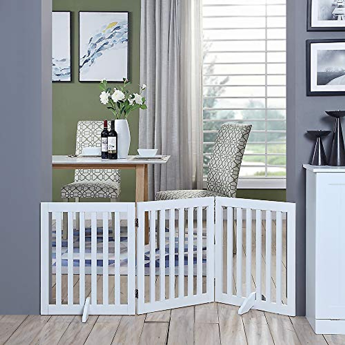 unipaws Freestanding Wooden Pet Gate for Dog and Cat, 24" H and 36" H Foldable Dog Gate with 2PCS Support Feet for Doorway, Halls, Stairs, White, Indoor Use