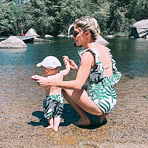 IFFEI Mommy and Me Swimsuit One Piece Leaves Printed Ruffle V Neck Bathing Suits Family Matching Swimwear Green Women: M