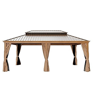 GAZEBEST 12' X 20' Permanent Hardtop Gazebo, Outdoor Galvanized Steel Double Roof Pavilion Canopy with Wood-Grain Coated Aluminum Frame and Privacy Curtains for Garden Patio,Backyard,Deck and Lawns