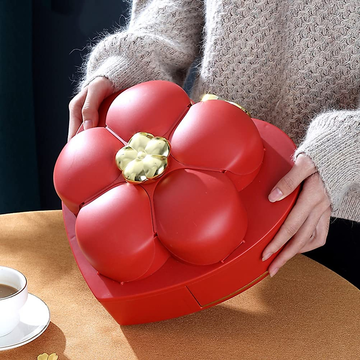 Homoyoyo Rotating Candy Box Heart Shape Snack Storage Tray 10 Compartments Party Serving Platter Candy Nut Dish Dried Fruit Plate Food Storage Organizer for Home Red