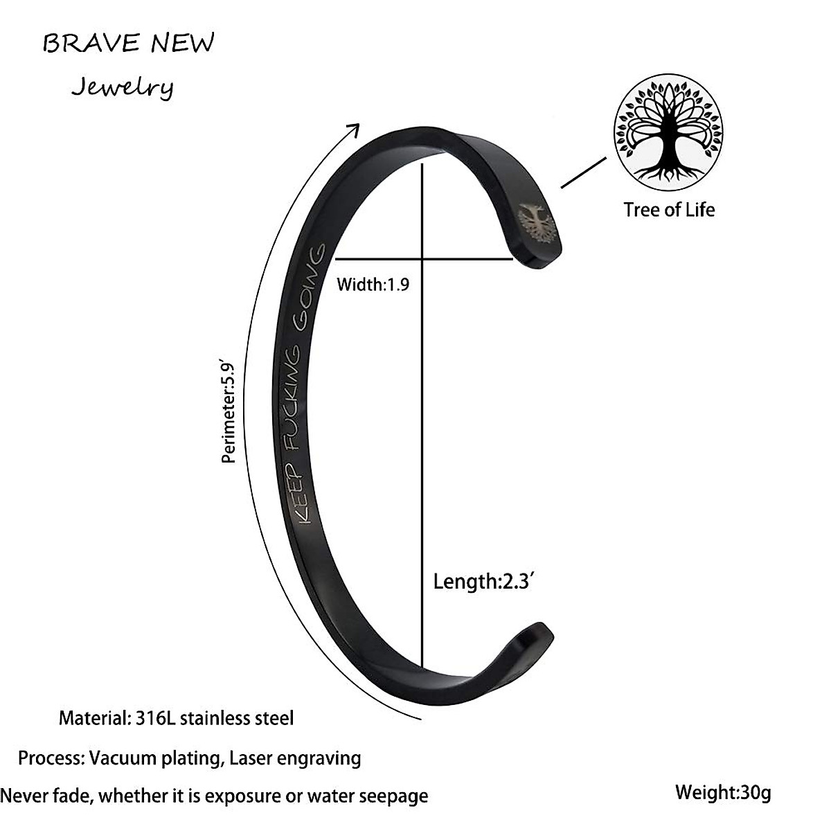 EZUY GNAY Black Stainless Steel Bracelet Tree Of Life Cuff Bracelet Inspirational Keep Fucking Going Personality Gift Bracelet For Women&Men
