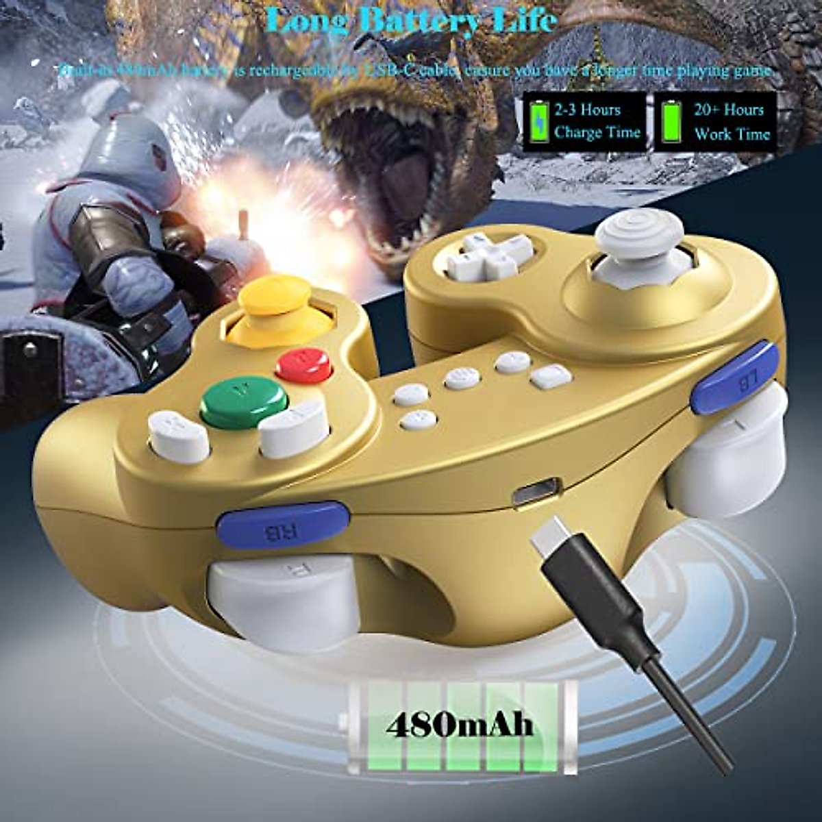 EXLENE Gamecube Controller Switch, Wireless Switch Pro Controller for Nintendo Switch/Lite/PC/Android/iOS/Steam, Support Wake Up, Motion, Adjustable Rumble, Turbo & Auto Turbo (Gold)