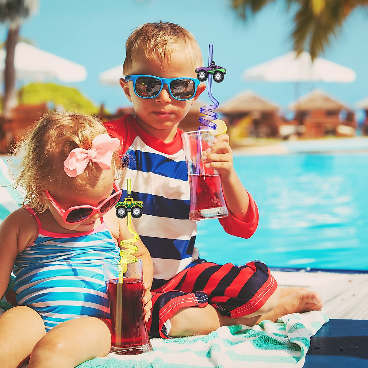 24 Pcs Truck Themed Straws 6 Styles Crazy Straws Reusable Colorful Twisty Plastic Drinking Straws Truck Birthday Party Race Car Party Supplies Baby Shower Favors for Kids Boys