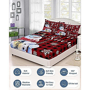 Full Size Fitted Sheet Bed Set Christmas Winter Snowman Cardinal Deep Pocket Soft Bottom Sheets&Pillowcases for Bedroom Decor Red and Black Buffalo Plaid,Fits Mattress Up to 16" Deep