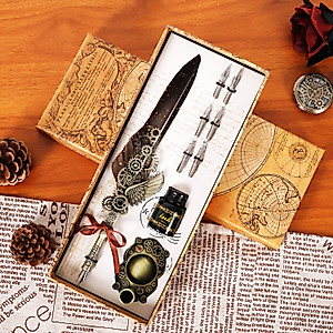 Feather Pen Set,Calligraphy Fountain Dip Feather Pen and Ink Set for Writing,Christmas Gift for Handwriting Lovers Birthday Gift,Luxury Vintage Signature Pen-Grey