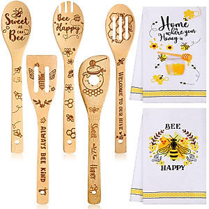 Minatee 7 Pcs Bee Kitchen Decor Set, Including 2 Pcs Bee Kitchen Towels and 5 Pcs Cute Bee Wooden Spoons Rustic Bamboo Utensils Gifts for Housewarming Bridal Shower Anniversary