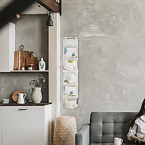 LASZOLA 2Pcs Over The Door Hanging Storage Bag, Waterproof Wall Closet Organizer Linen Fabric Stylish Mount Organizer with 5 Pockets for Bedroom Bathroom Kitchen (Pineapple+Lemon)