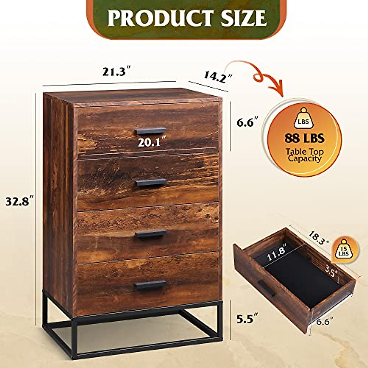 WLIVE Dresser for Bedroom with 4 Drawers, Chest of Drawers, Tall Dresser Drawers with Sturdy Metal Frame for Nursery, Hallway, Living Room, Closet, Brown Oak