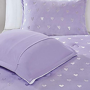 Mi Zone Rosalie Comforter Set for Girls, Ultra-Soft Microlight Plush Metallic Printed Hearts Brushed Reverse Overfilled Down Alternative Hypoallergenic All Season, Full/Queen, Purple/Silver, 4 Piece