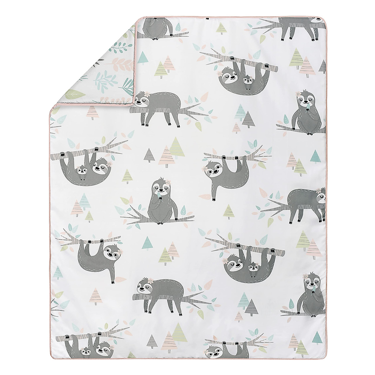 Sweet Jojo Designs Pink and Grey Jungle Sloth Leaf Baby Girl Nursery Crib Bedding Set - 4 pieces - Blush, Turquoise, Gray and Green Tropical Botanical Rainforest