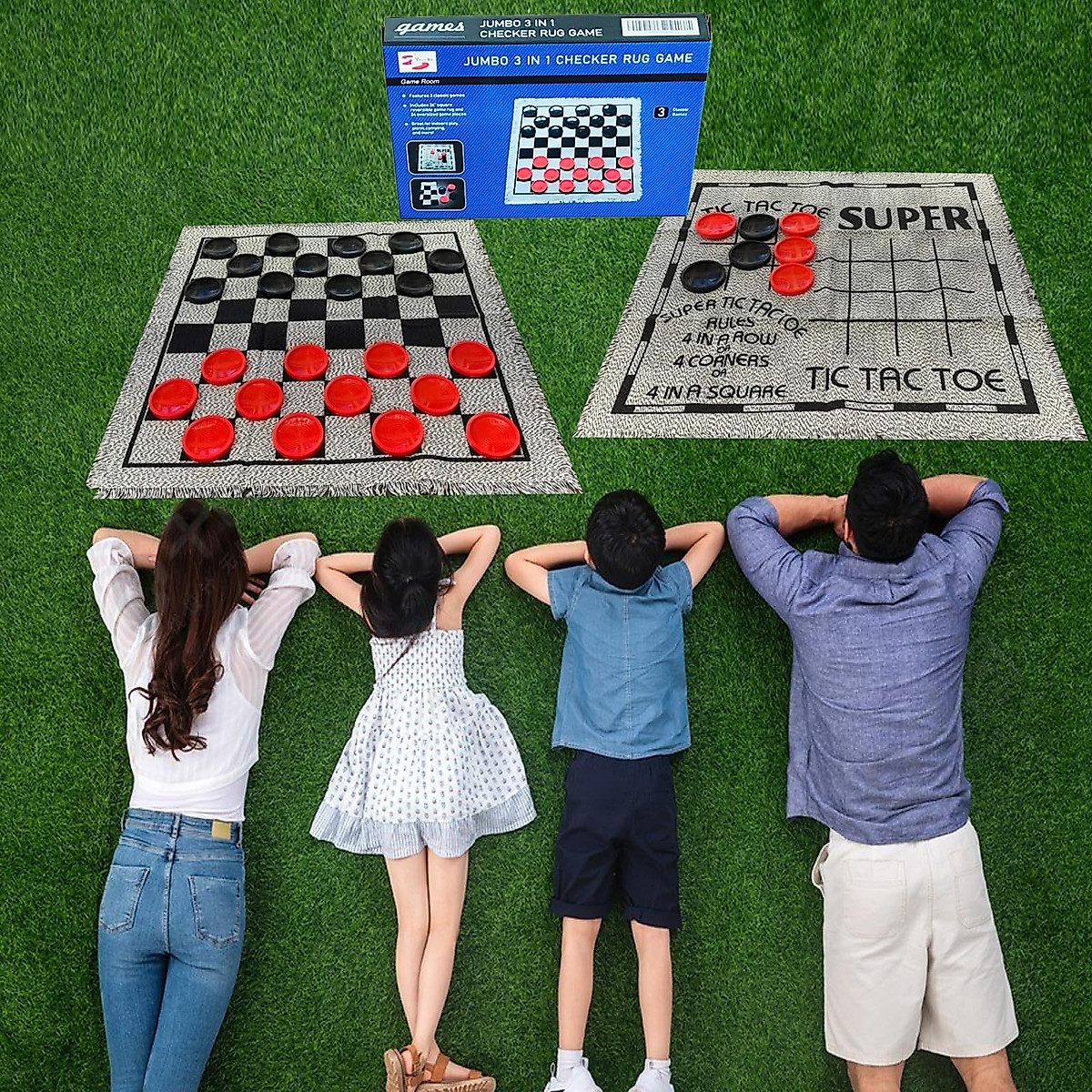 Yuanhe Gaint Checkers Game Set - Large 3 in 1 Checkers Including Tic Tac Toe with Reversible Rug, Calssic Indoor Outdoor Yard Games for Family