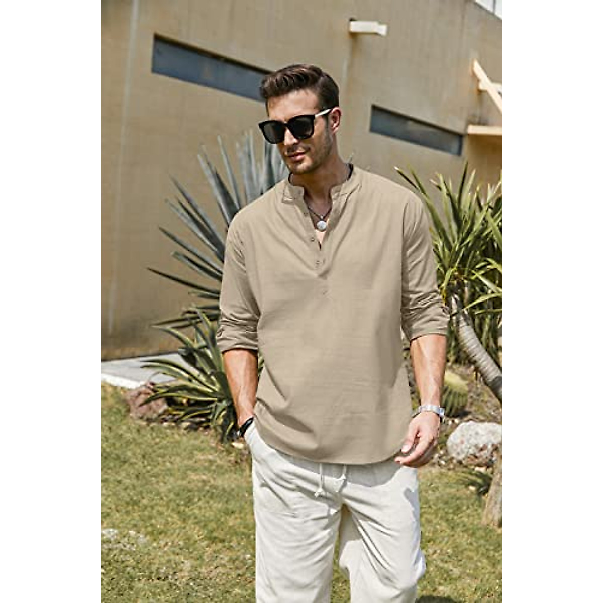 COOFANDY Mens Cotton Linen Henley Hippie Casual Beach T Shirt, Khaki, Medium, Long Sleeve