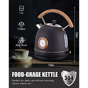 Electric Kettle, Talafa 1.7L / 1500W Electric Tea Kettles for Boiling Water, Stainless Steel Hot Water Boiler with Thermometer, Auto Shut-off & Boil-Dry Protection, Anti-scald Wood Handle, Black