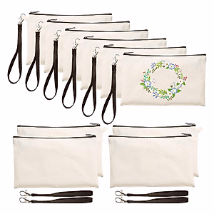 Serlium Canvas Cosmetic Bag 10PCS Blank Canvas Pencil Case with Black Lanyard Portable Multipurpose Blank DIY Craft Bag for Travel Makeup Bag(White)