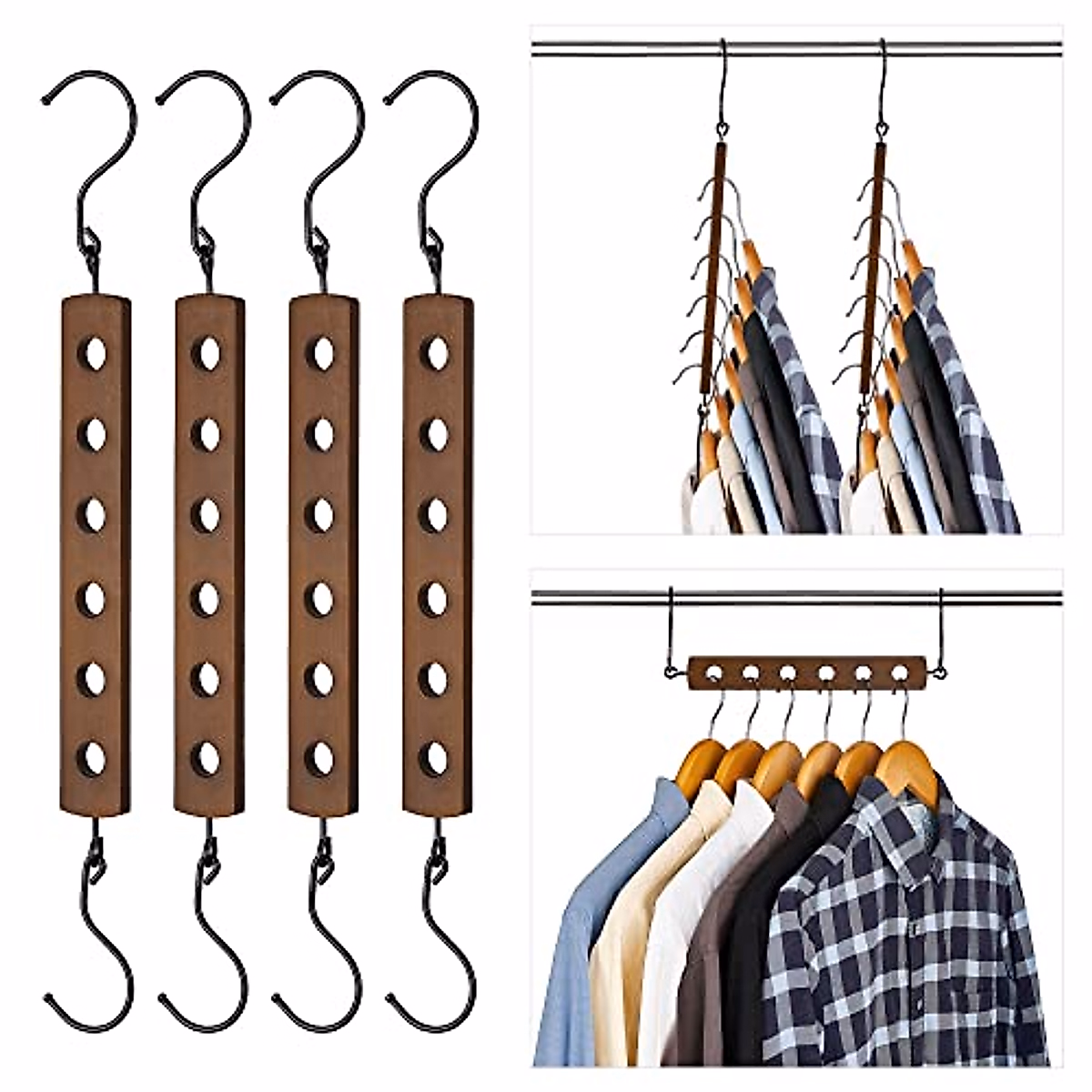 Mkono 4 Pcs Hangers Space Saving Wood Collapsible Hangers for Closet Shirt Organizer with 6 Holes College Dorm Room Essentials, Multiple Hangers in One Closet Clothes Organizer Magic Hanger Stacker