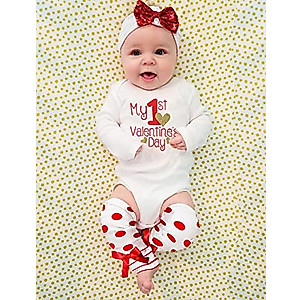 DONWEN Baby Valentine Outfits 3-6 Months My 1st Valentine's Day Baby Girl Outfit Set Long Sleeve Red Romper Bodysuit Dots Leg Warmers Cute Valentine Outfit Baby Girl