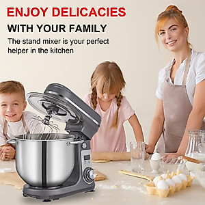 Biolomix Kitchen Electric Stand Mixer, 6-Speed Tilt-Head Food Mixer with 6.5-QT Stainless Steel Bowl, Dough Hook, Flat Beater, Whisk and Anti-Splash Cover, Red (6.5-QT, Gray)