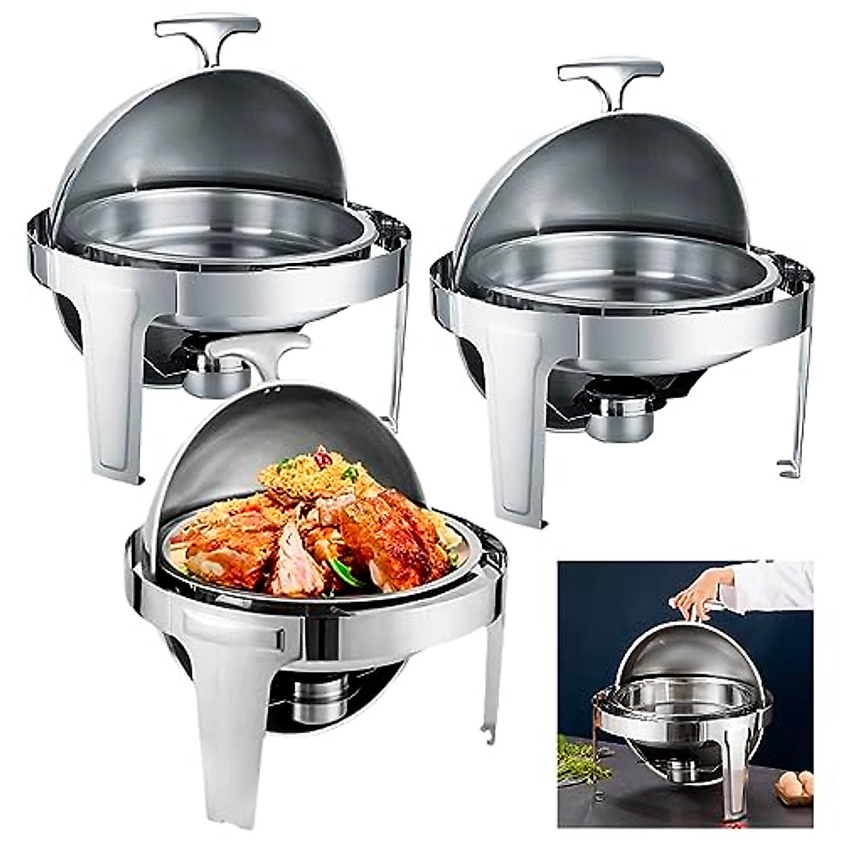 3 Pack Roll Top Chafing Dish Buffet Set 6 Quart Round Stainless Steel Chafer for Catering with Solid Stand and Fuel Holder Buffet Servers and Warmers for Party Banquets Wedding Buffets
