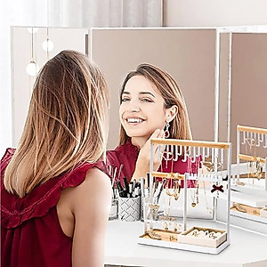 Jewelry Organizer Stand with Velvet Ring Holder, 4 Tier Jewelry Holder Organizer with 15 Hooks Necklace Organizer and Watch Bracket Holder, Jewelry Stand with 16 Holes for Earring Holder, White