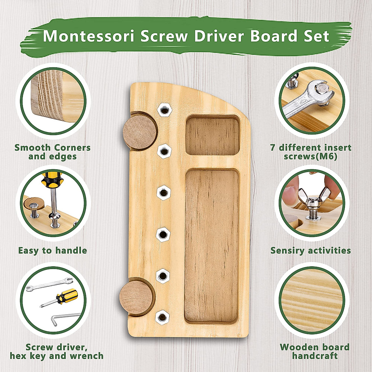 Mikabili Montessori Wooden Screw Driver Board for Kids, Basic Skills Sensory Educational Learning Toy for 3 4 5 Year Old Kids and Toddlers, Preschool, Classroom… (Bus)