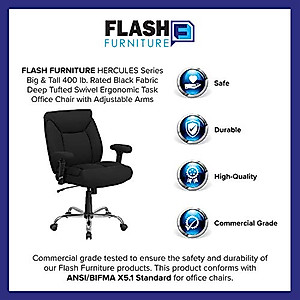 Flash Furniture HERCULES Series Big & Tall 400 lb. Rated Black Fabric Deep Tufted Swivel Ergonomic Task Office Chair with Adjustable Arms