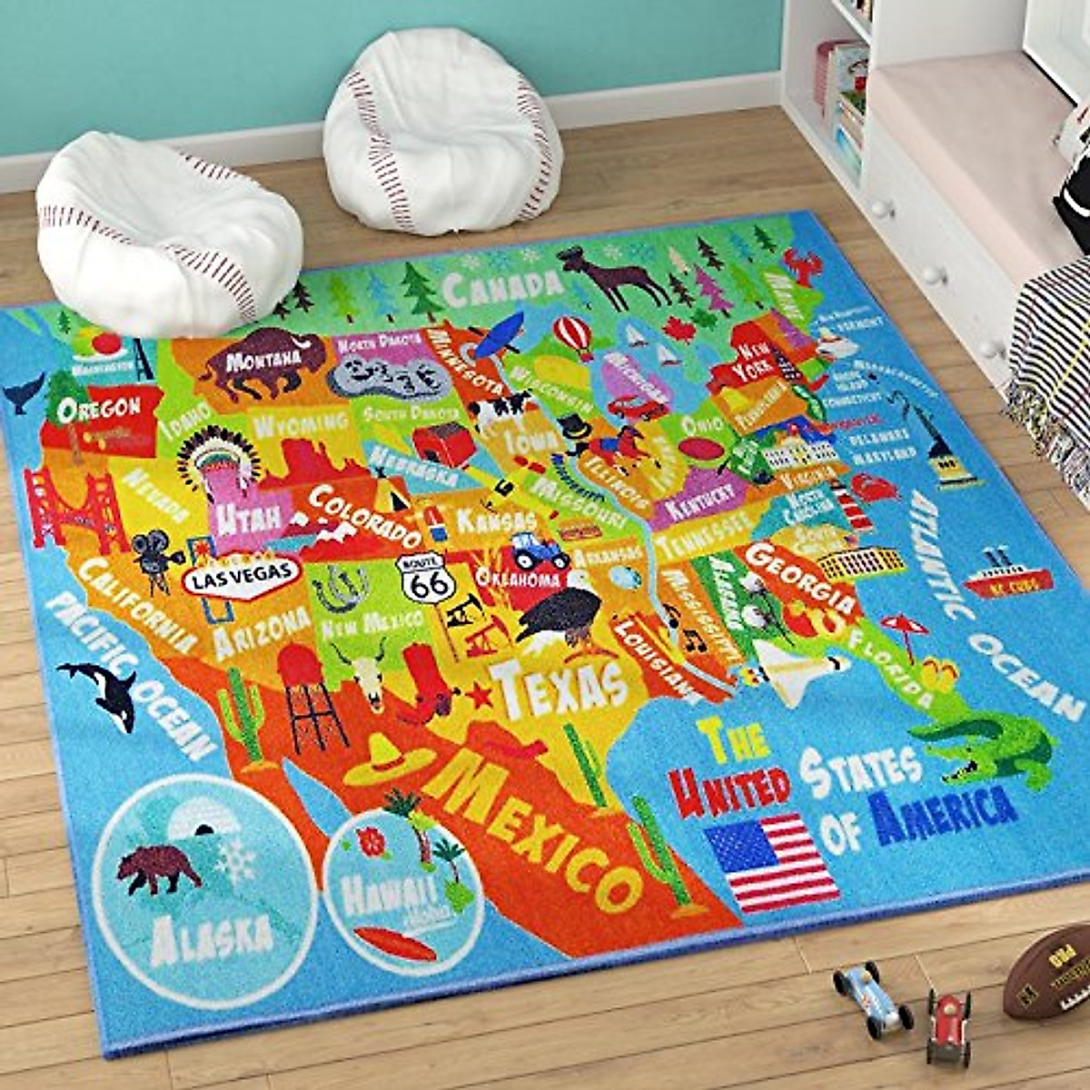 KC Cubs Playtime Collection USA United States Map Educational Learning & Game Area Rug Carpet for Kids and Children Bedrooms and Playroom (3'3" x 4'7")