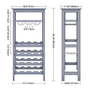 SMIBUY Wine Rack with Glass Holder & Table Top, 16 Bottles Storage, Floor Free Standing Bamboo Display Shelves for Home, Kitchen, Pantry, Cellar, Bar (Grey)