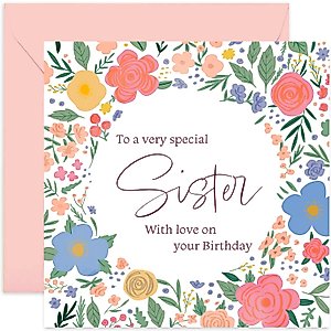 Old English Co. To A Very Special Sister Birthday Card - Sweet Cute Floral Card for Her Sister Card | Flower Happy Birthday From Brother, Sister, Sibling | Blank Inside & Envelope Included