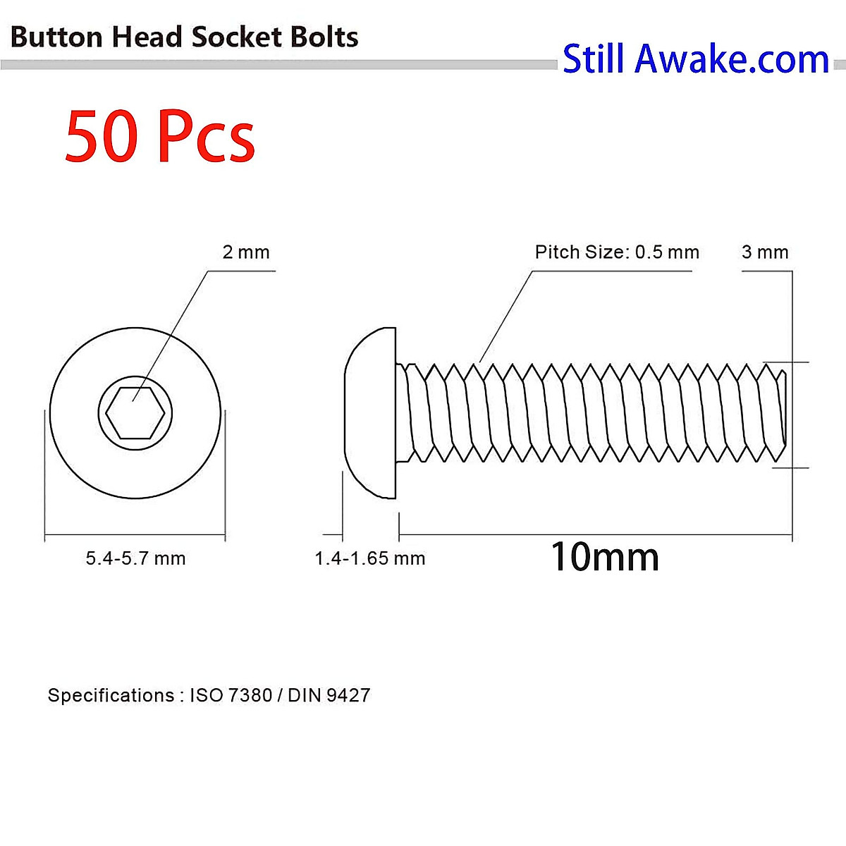 50 Pcs M3-0.5x10mm Button Head Socket Cap Screws, Stainless Steel 18-8 (304), Bright Finish, Fully Threaded, Allen Hex Button Head Screws (50 Pcs M3-0.5x10mm)