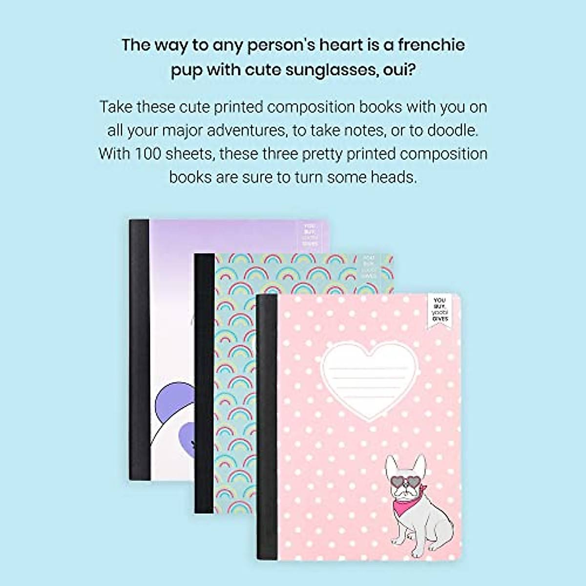 Yoobi Composition Notebook Set - 3 Pack of Composition Notebooks, 100 Sheets Each, Kids Notebooks College Ruled - Rainbow, Frenchie Polka Dot, Pando Unicorn Notebooks - 7.5" x 9.75", 3 Pack