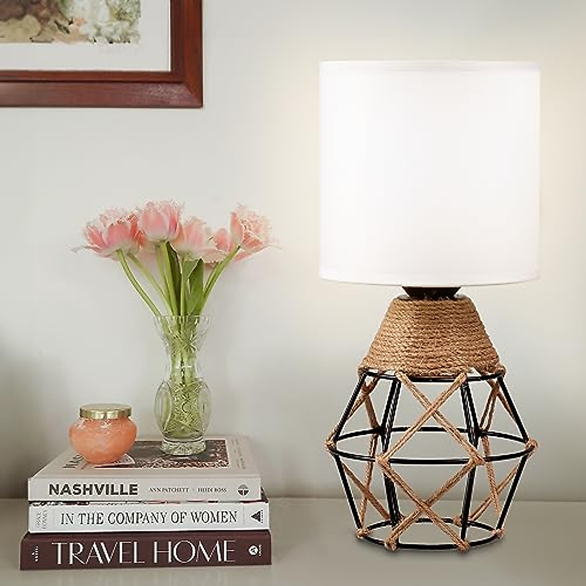 Hamilyeah Boho Lamp, Woven Table Lamp for Nightstand with On/Off Switch, Bedroom Lamp with White Fabric Shade, Simple Lamp for Bedside, Living Room