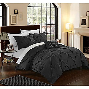 Chic Home 4 Piece Daya Pinch, Ruffled and Pleated Complete Queen Duvet Cover Set Black Shams and Decorative Pillows Included