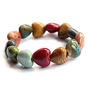 Zittop Bracelet Colorful Ceramic Handmade Simple Ethnic Style Variety of Shapes Elastic Hand Chain for Women (Heart type)