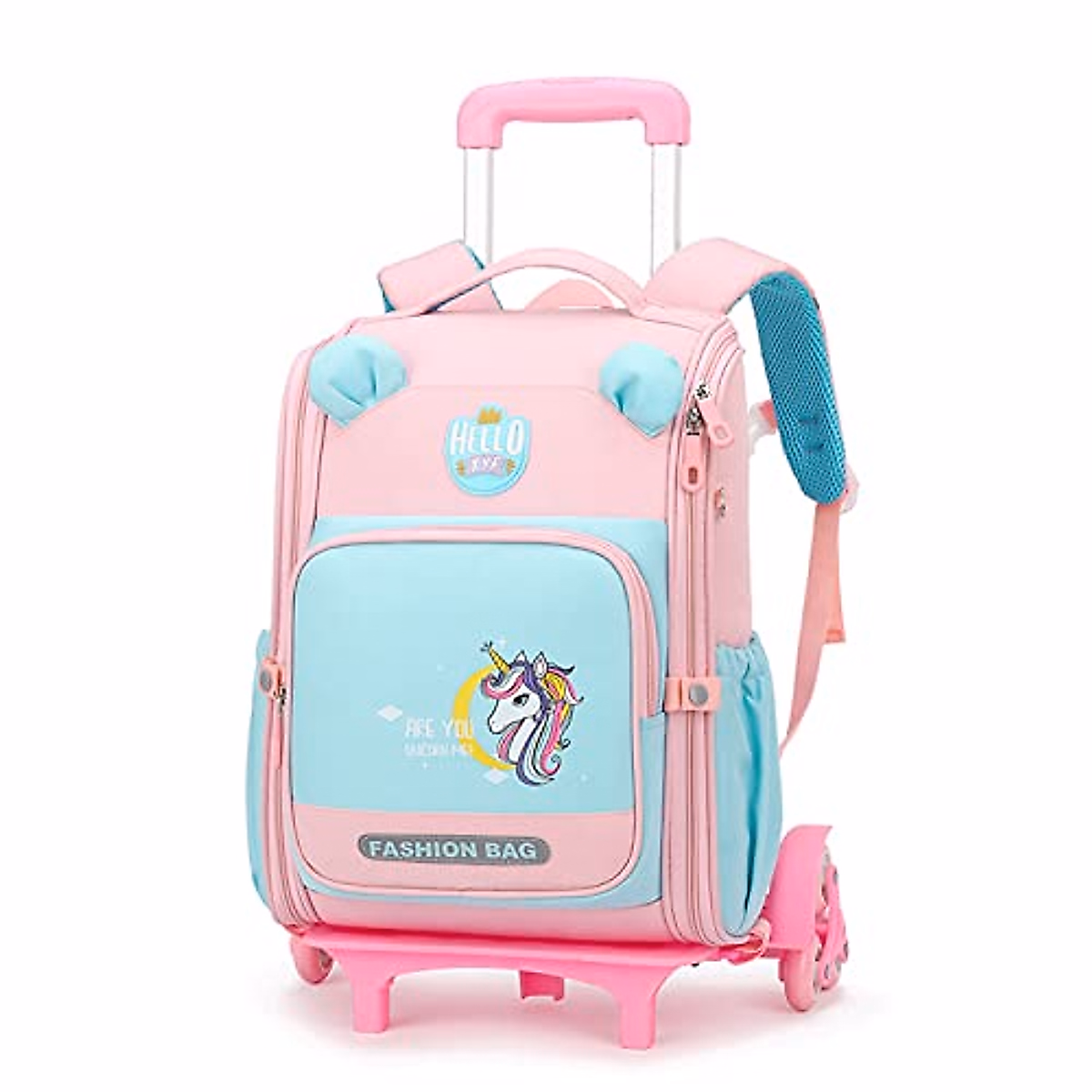 GLOOMALL Cute Rolling Backpack School Girls Boys, Lightweight Trolley Travel Bag with 6 Wheels Classic Roller Luggage (Pink unicorn)
