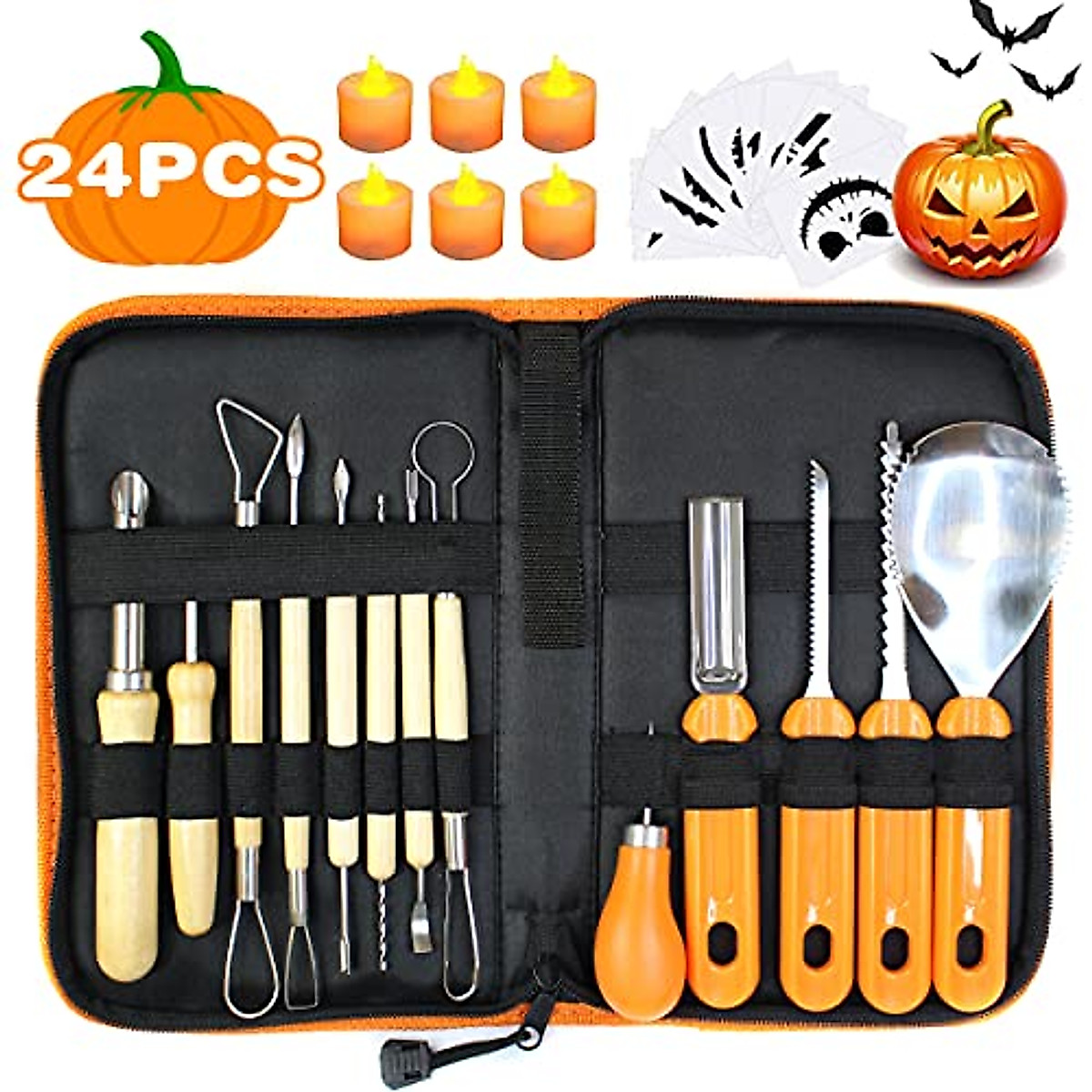 Halloween Pumpkin Carving Kit, Halloween Jack-O-Lanterns 13 Piece Professional pumpkin cutting supplies tools Kit with 6 Pumpkin LED Candles, Pumpkin Carving Kit for Kids and Adult