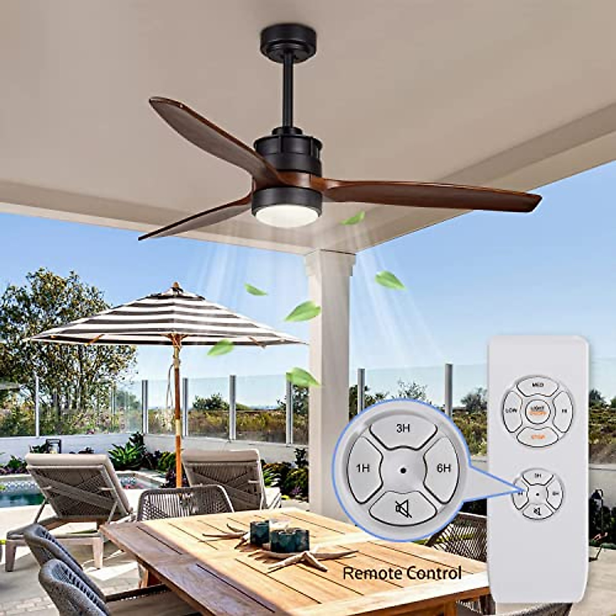 EKIZNSN 3 Blade Wood Ceiling Fans with Lights, 50'' Outdoor Indoor Ceiling Fan for Bedroom/Farmhouse/Patios, 3 Downrod Included