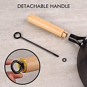 Carbon Steel Wok, 7 Pcs Wok Pan with Wooden Lid & Handle Stir-Fry Pans 12.8" Chinese Wok Flat Bottom Wok with Cookware Accessories Suitabe for all Stoves (Black)