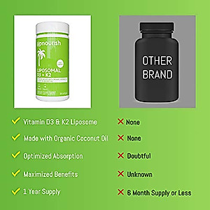 UpNourish Liposomal Vitamin D3 K2 MK7 365 Softgels - VIT D3 5000 IU + K2 100 mcg with Organic Coconut Oil - K2 D3 Vitamin Supplement - Vitamin D and K Supplement - Non GMO Gluten Free