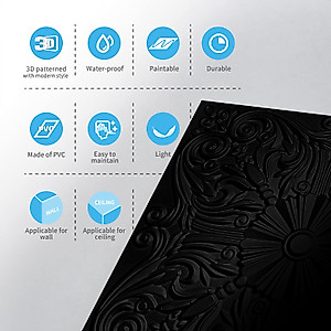 Art3d Decorative Ceiling Tile 2x2 Glue up, Lay in Ceiling Tile 24x24 Pack of 12pcs Spanish Floral in Black