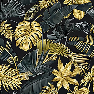 STICKEEP Dark Gold Floral Wallpaper Peel and Stick Vintage Botanical Peel and Stick Wallpaper Floral Contact Paper Removable Jungle Palm Leaf Wallpaper for Bedroom Bathroom Walls Cabinets 24" x 118"