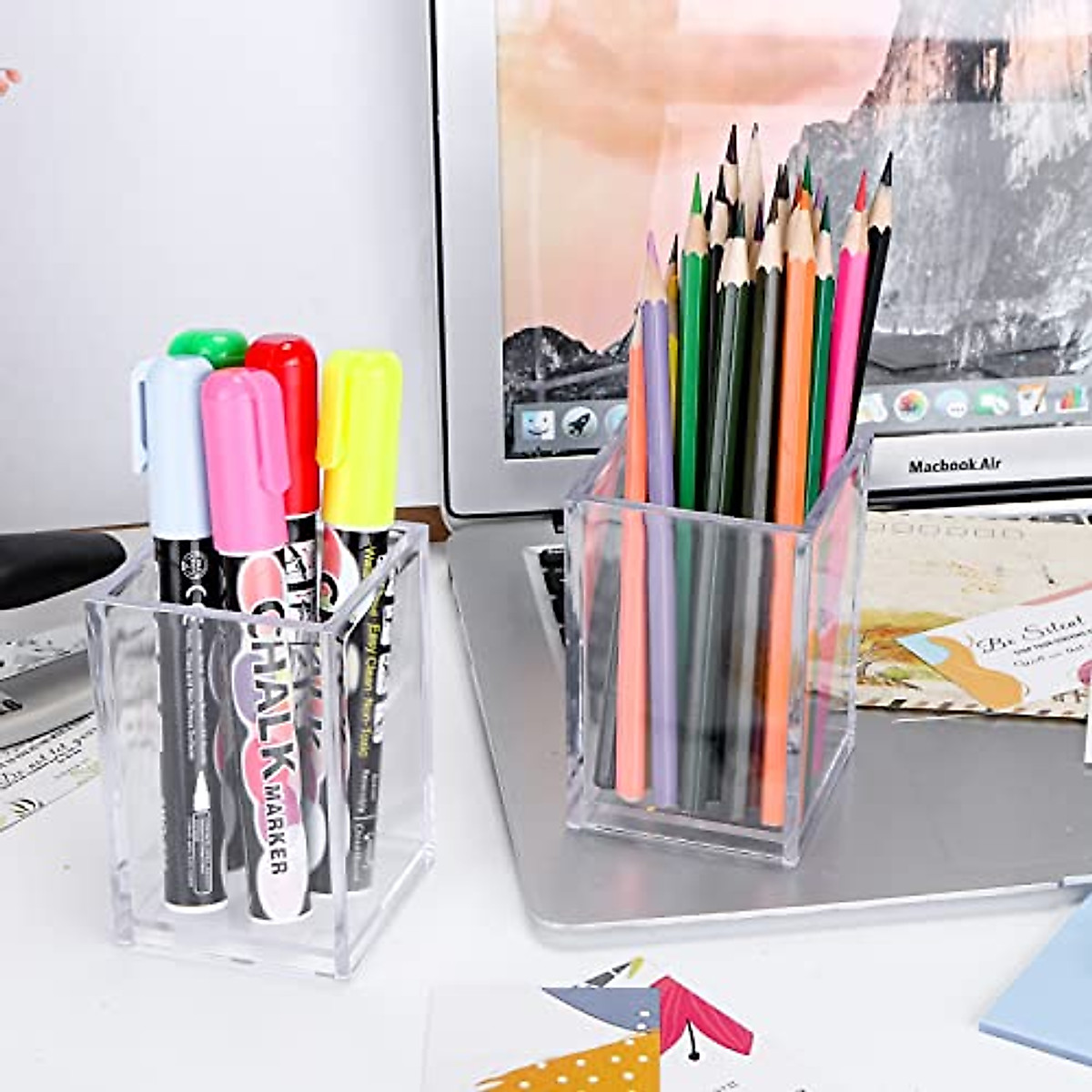 AFOROEOA 10 Pack Clear Acrylic Pen Holder Makeup Brush Holder Desktop Pencil Organizer Acrylic Pencil Cup Stationery Office Organizer Accessory for Office School Makeup Desk…