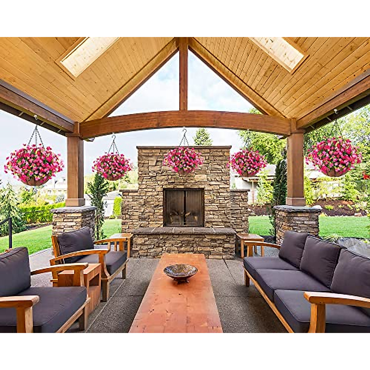 Ammyoo Artificial Hanging Flowers in Basket for Patio Garden Porch Deck Decoration, Artificial Daisy Arrangement,Fake Plants in 12 inch Coconut Lining Basket for Outdoor/Indoor(Pink)