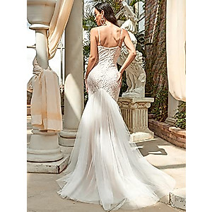 Ever-Pretty Womens Open Back Lace Floor Length Bridal Dress with Long Lace Trian White US6