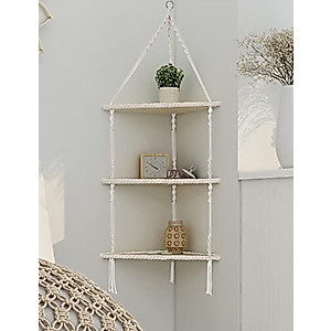 Mazjoaru Macrame Corner Shelves 3 Tier, Boho Handmade Woven White Rope Beige Hanging Floating Shelf Decor Display Storage Organizer for Bedroom Bathroom Office Living Room