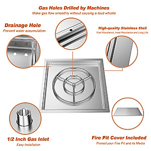 Skyflame 24" x 24" Square Stainless Steel Drop-in Fire Pit Kit and Fire Pit Gas Burner Spark Ignition Kit