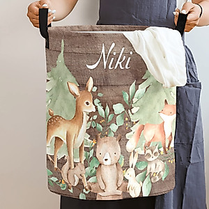 Woodland Forest Animals Round Storage Basket Personalized Name Laundry Basket Waterproof Nursery Hamper with Handle for Living Room Bedroom and Clothes