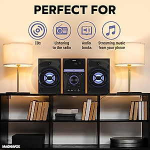 Magnavox MM441 3-Piece CD Shelf System with Digital PLL FM Stereo Radio, Bluetooth Wireless Technology, and Remote Control in Black | Blue Colored Speaker Lights | LED Display | AUX Port Compatible |