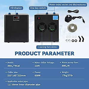 Poafamx Aquarium Chiller 79Gal 1/3 HP Water Chiller for Hydroponics System Home Use Axolotl Fish Coral Shrimp 110V with Pump and Pipe